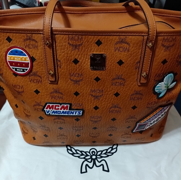 MCM | Bags | Cognac Visetos Victory Patch Anya Top Zip Brown Leather Tote | Poshmark